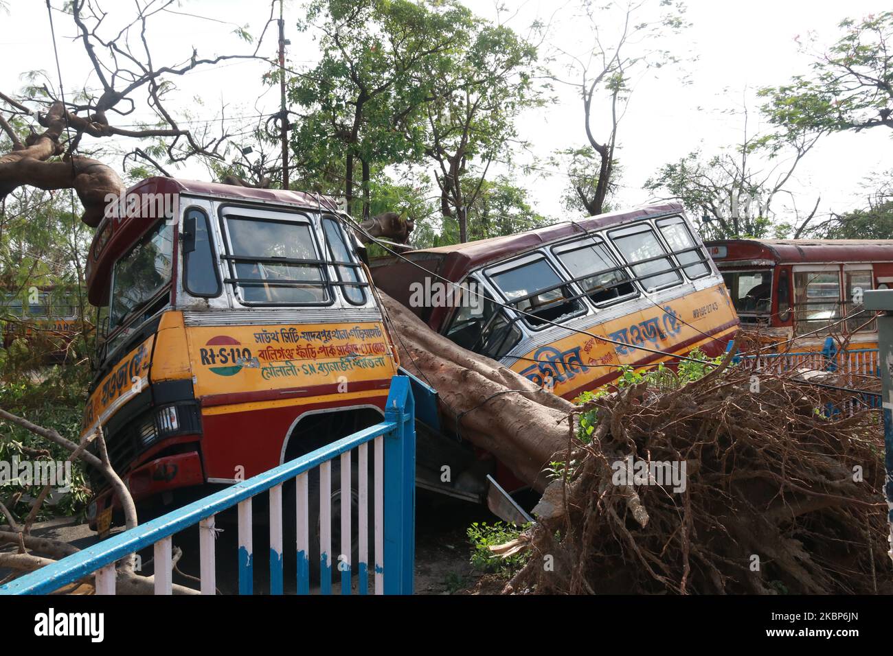 A Passenger bus damaged by a fallen tree due to Cyclone Amphan, is seen ...
