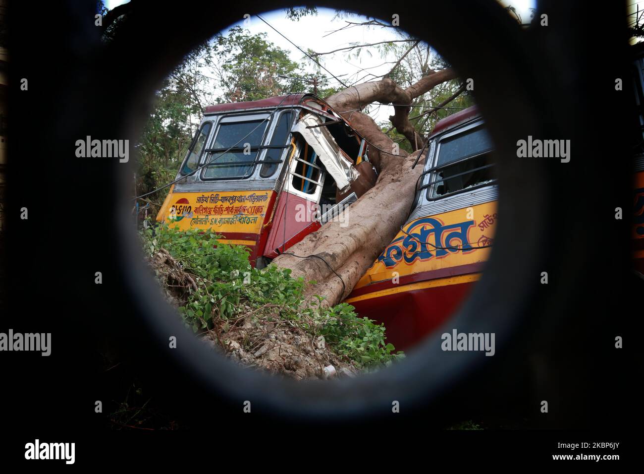 A Passenger bus damaged by a fallen tree due to Cyclone Amphan, is seen ...