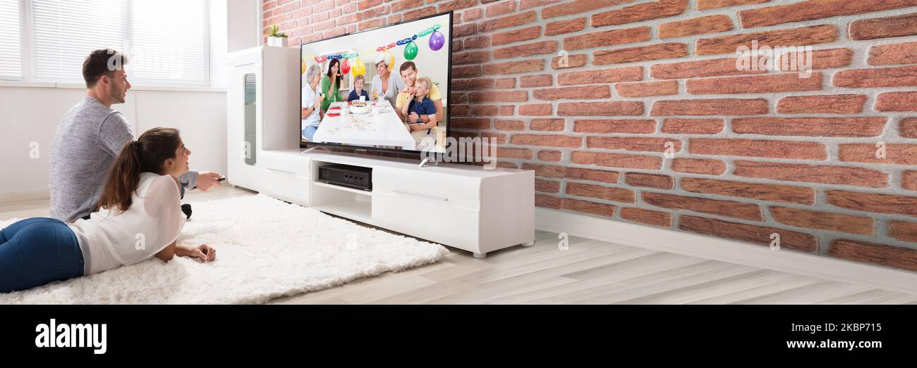 Watching TV On Livingroom. Television Screen Banner Stock Photo - Alamy