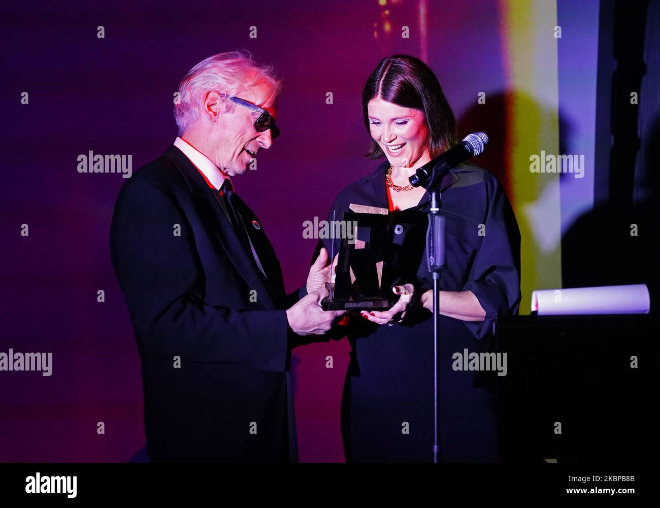 Elliot Grove presents Gemma Arterton (right) with the Icon Award at the ...