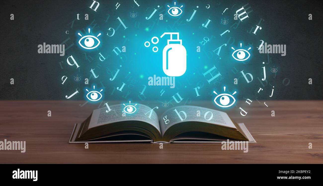 Open medical book with health icons above Stock Photo - Alamy