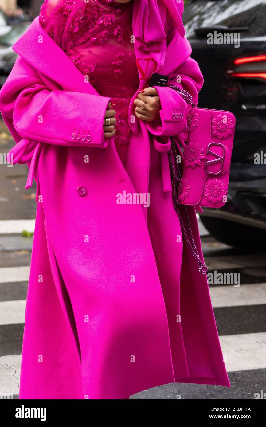 Paris, France - October, 2, 2022: woman wears fuchsia wool and cashmere ...