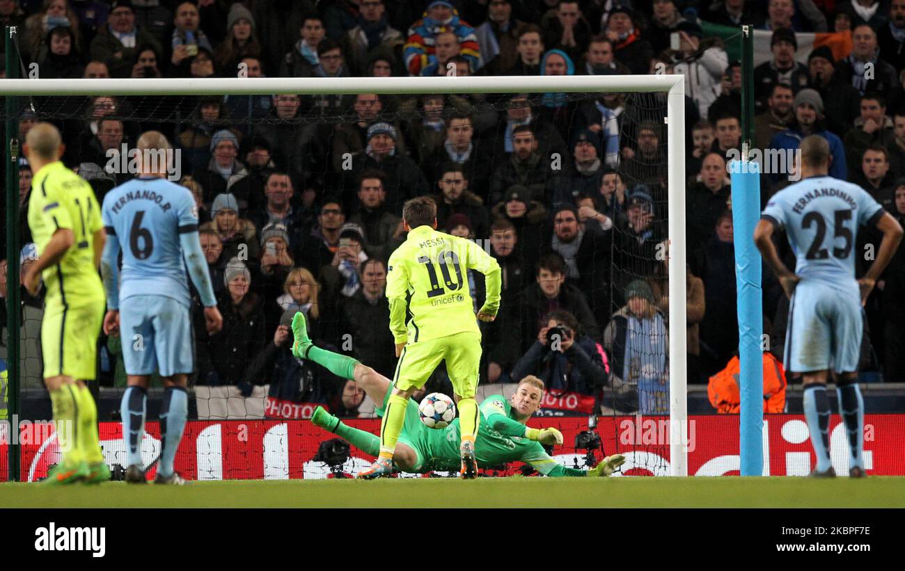 Joe Hart of Manchester City saves Lionel Messi's penalty during the ...