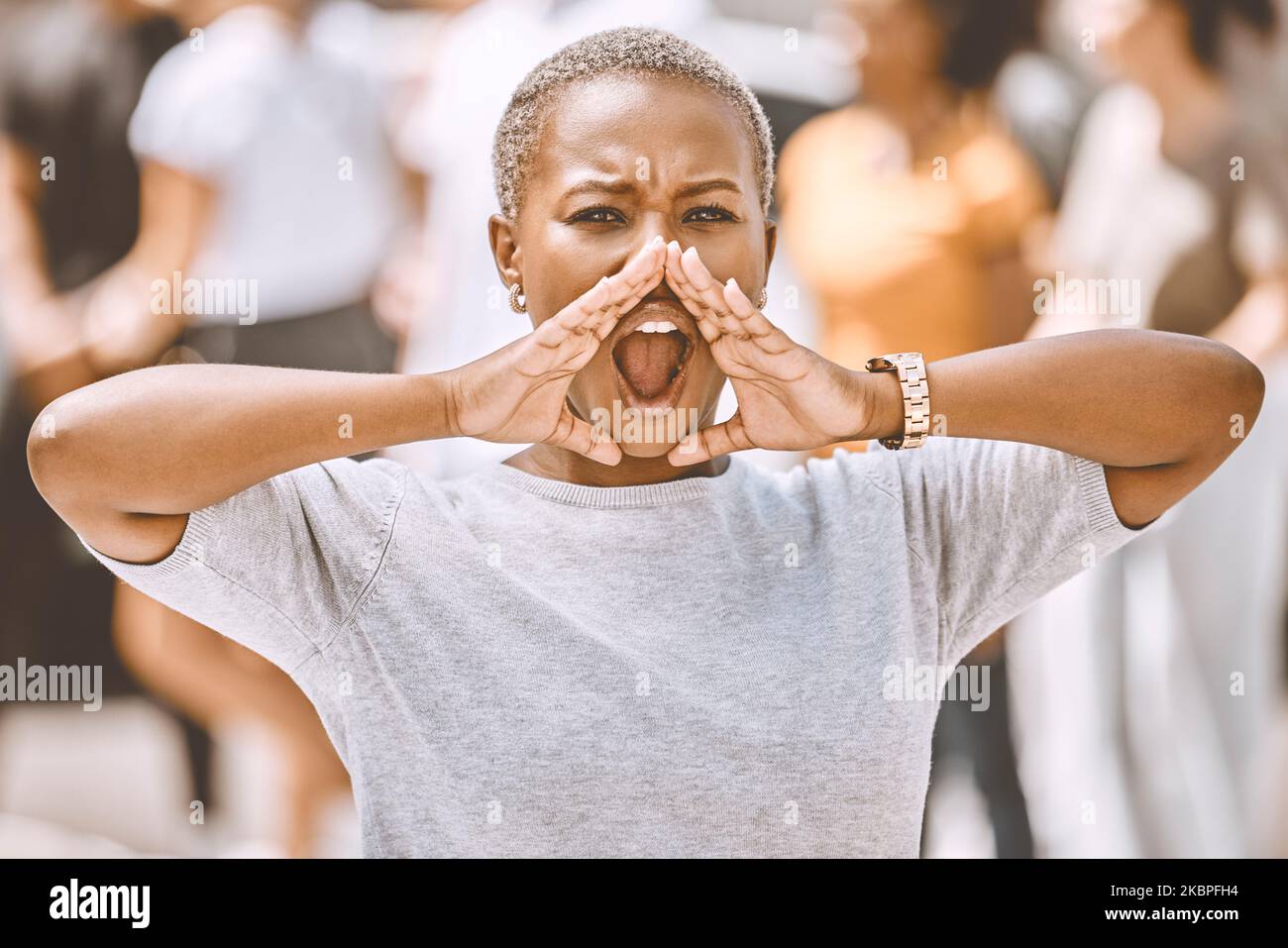 Protest speaker, rally and woman shout for world change, freedom or ...