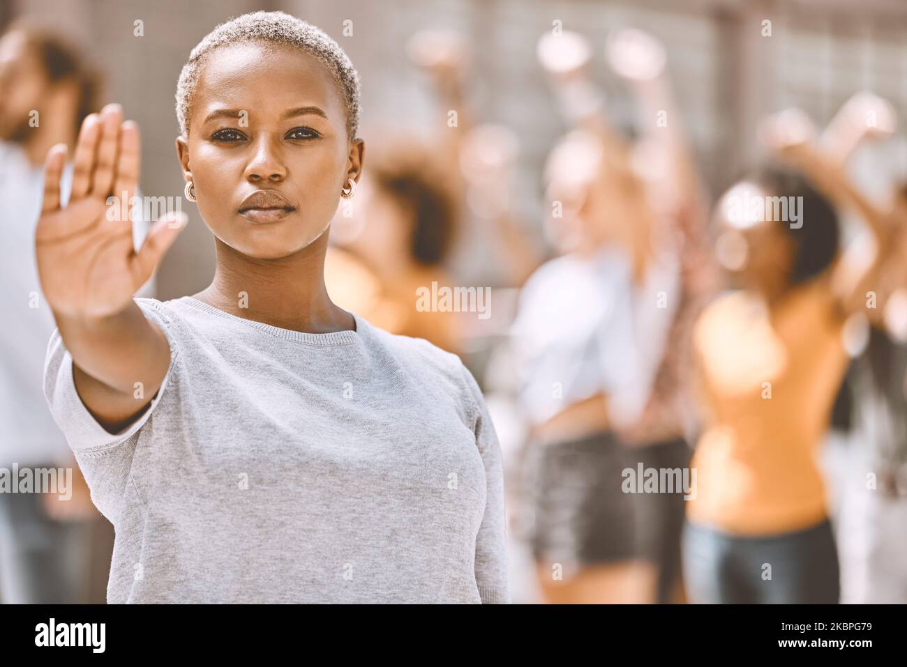 Black woman protest, stop hand sign on street or human rights equality ...