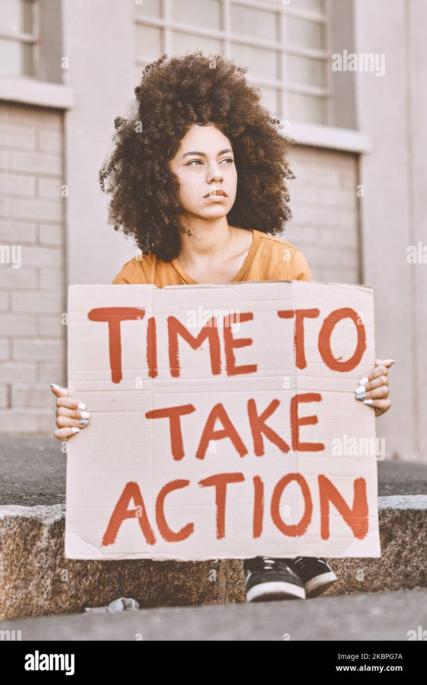 City, human rights and woman with cardboard sign, student protest in ...