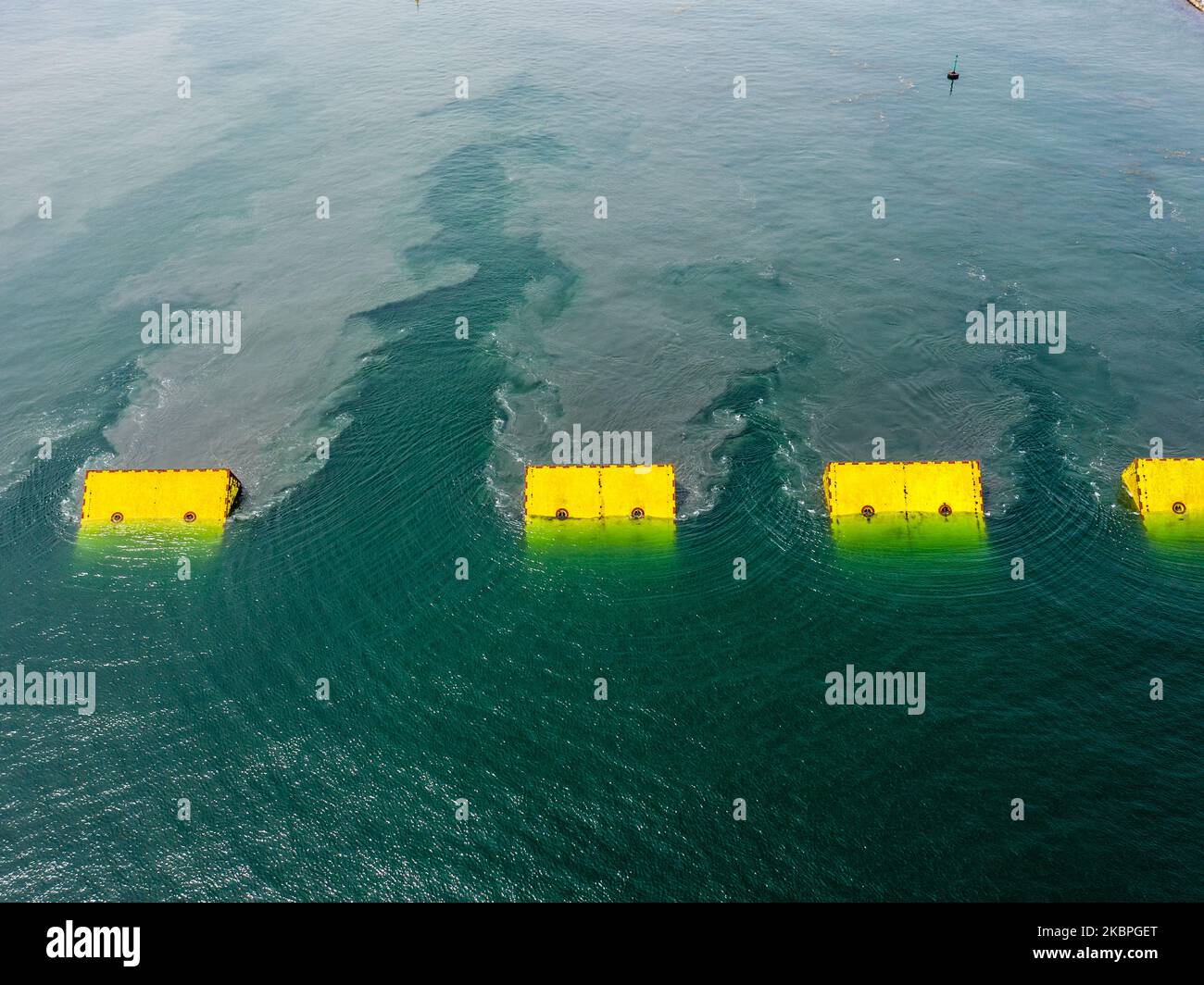 A drone view of the barriers of MOSE look full of rust have been fully ...