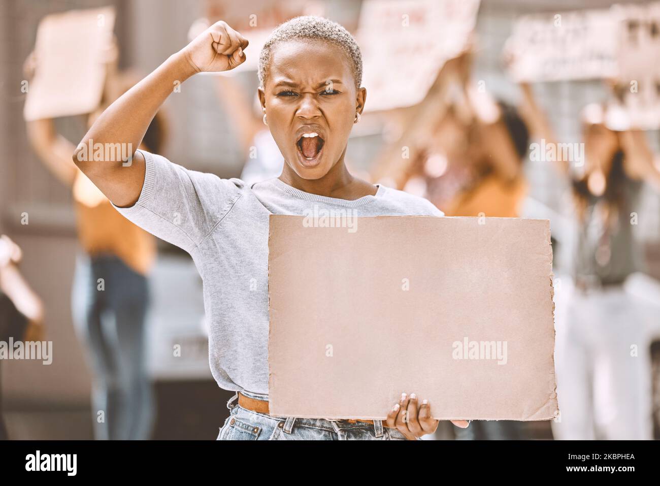 Protest cardboard mock up and black woman in crowd or street portrait ...