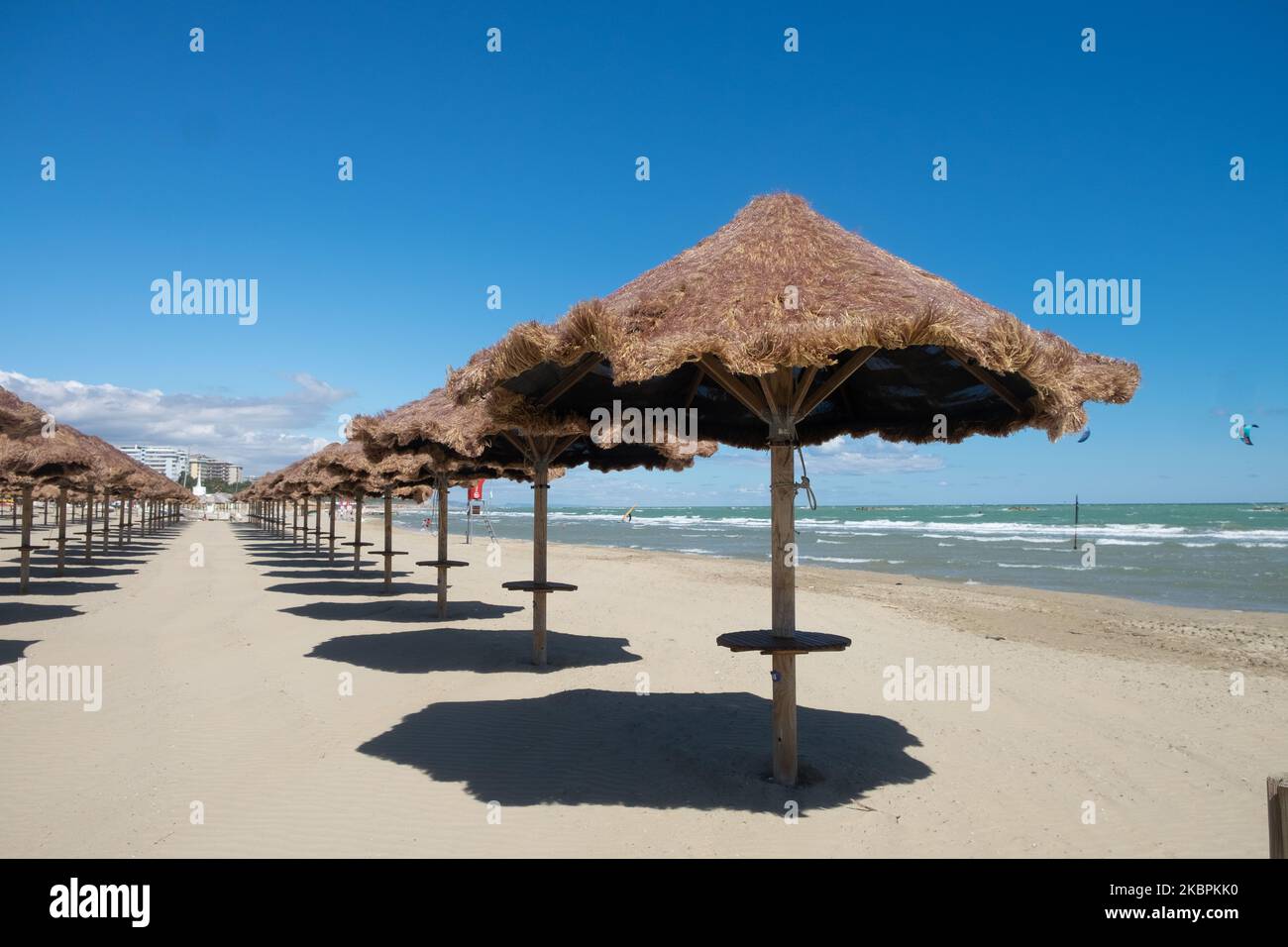 A view of a beach prepared in accordance with the social distance rule ...