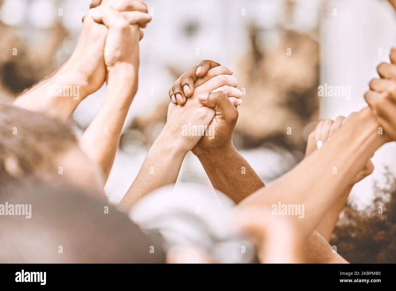 Prayer, hands and people in support of worship, god and religion while ...