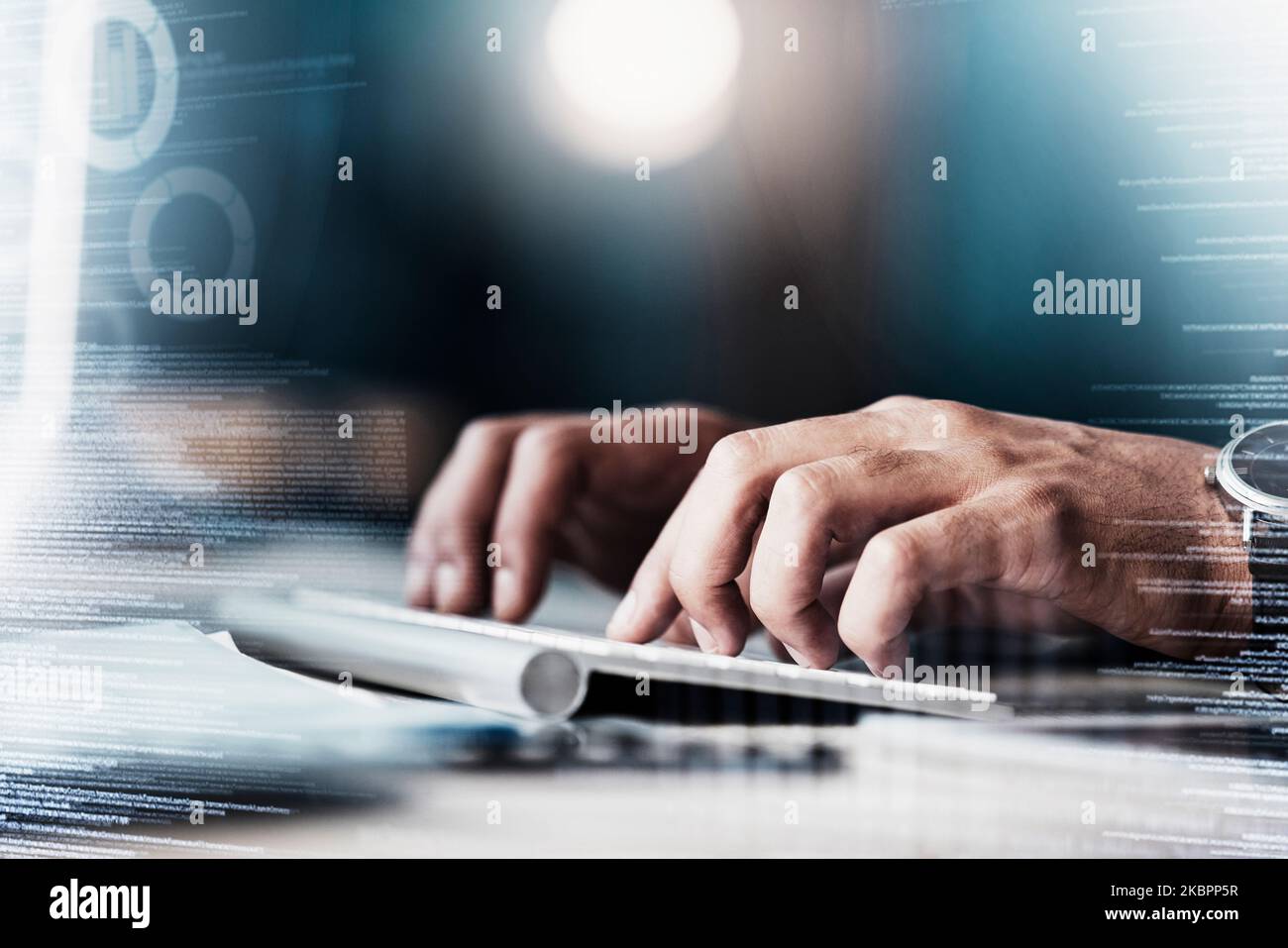 Developer Overlay And Hands Typing On A Keyboard For Digital Transformation Cloud Computing