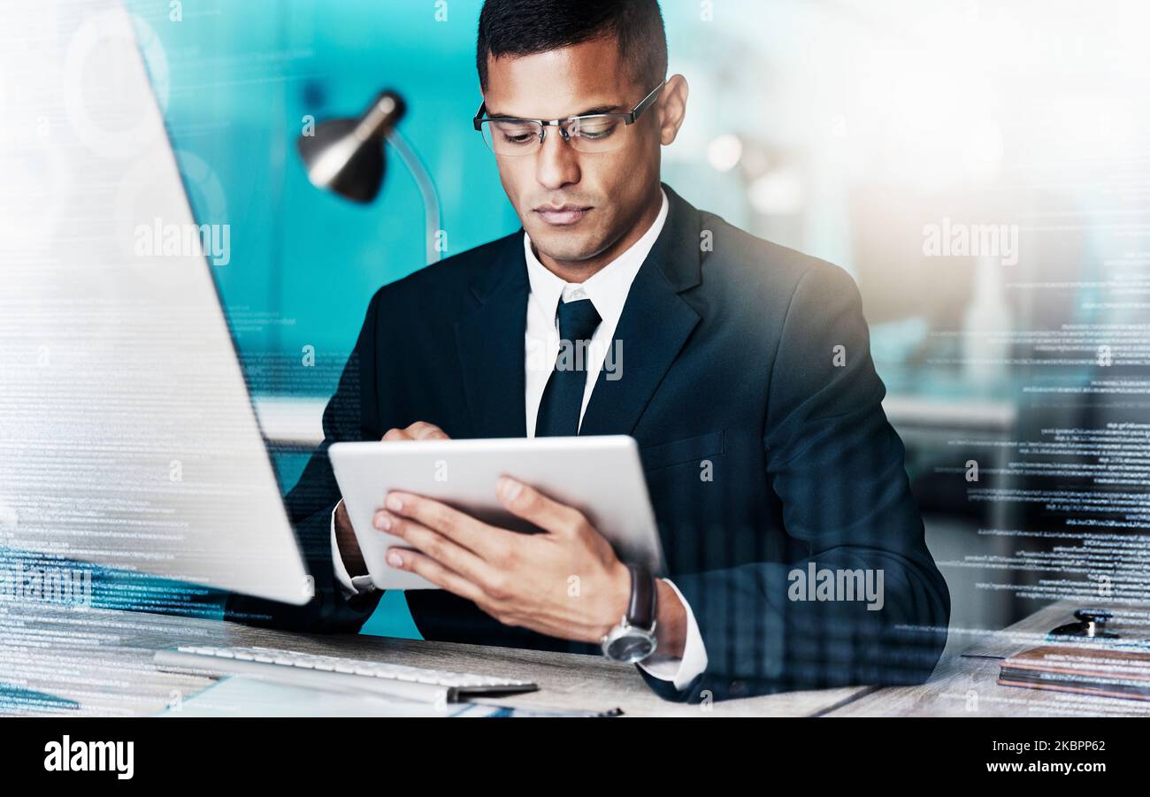 Trader, tablet and hologram while businessman online for fintech using ...