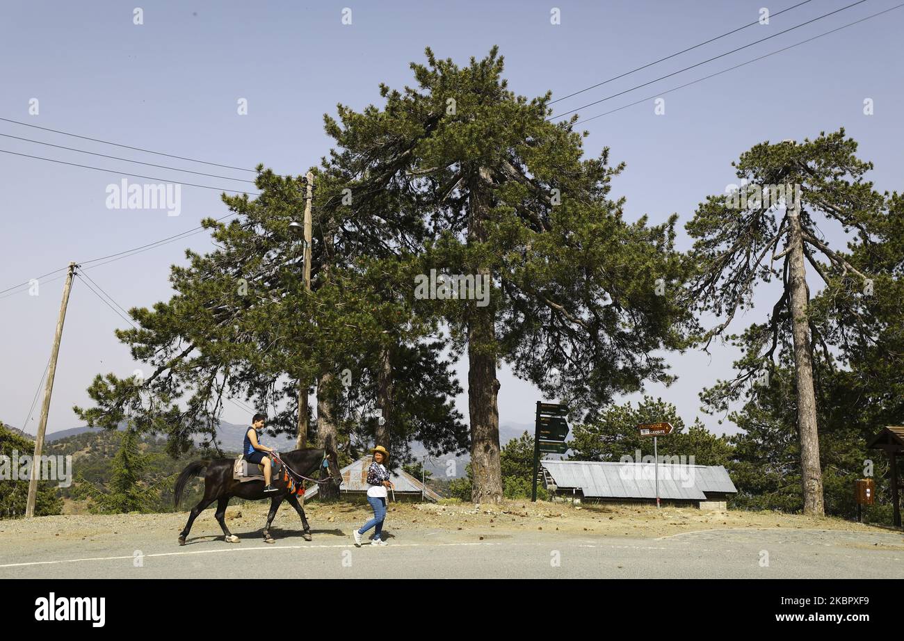 A woman rides a boy on a horse in the mountain village of Troodos ...