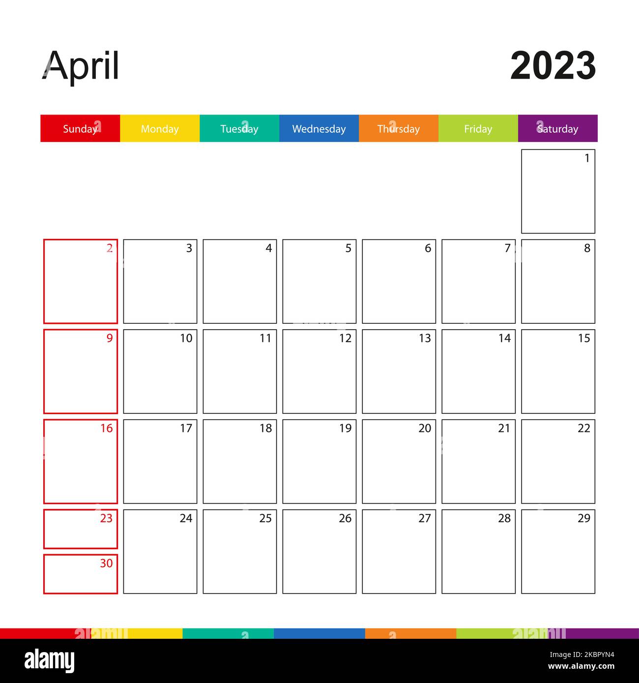 April 2023 colorful wall calendar, week starts on Sunday. 2023 Calendar ...