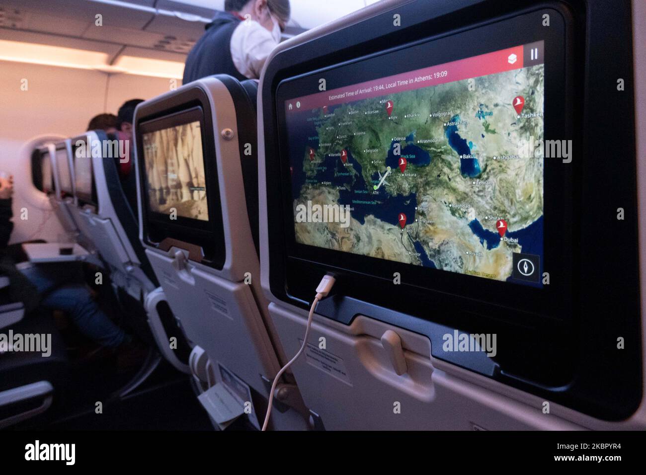 IFE In flight entertainment screen in economy class. Flying with ...