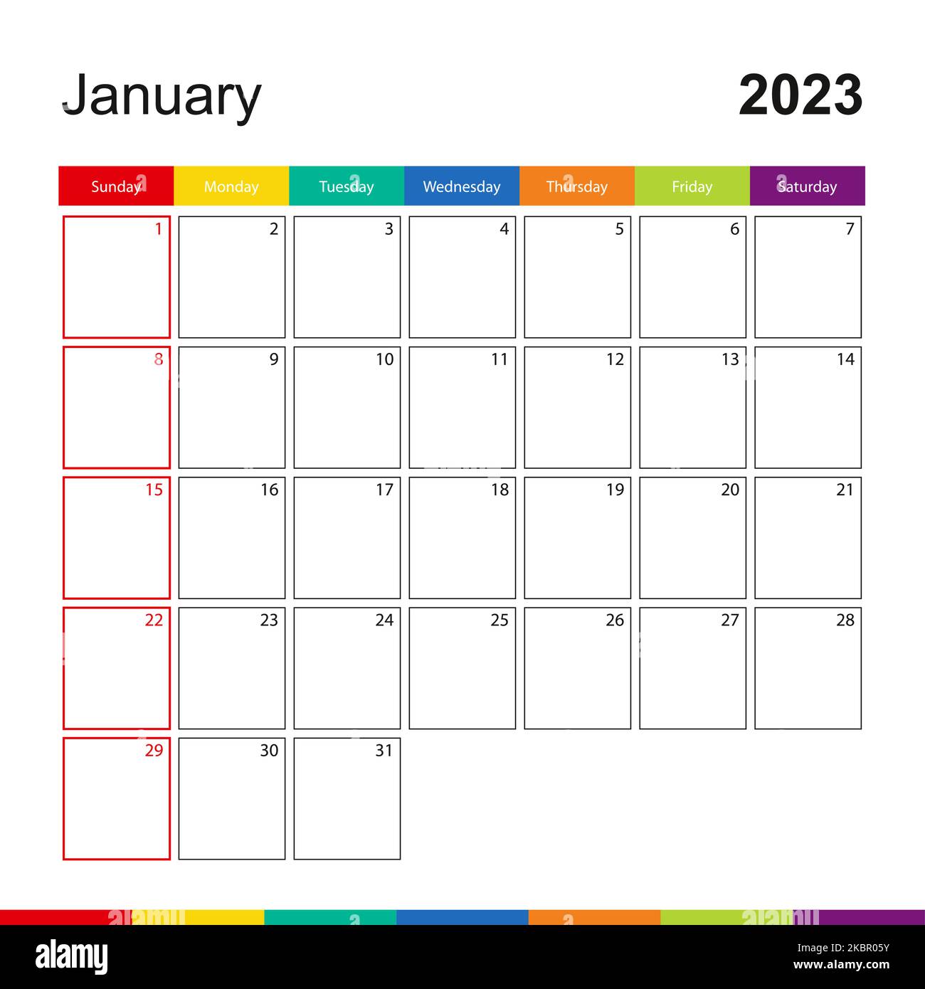 January 2023 colorful wall calendar, week starts on Sunday. 2023 ...