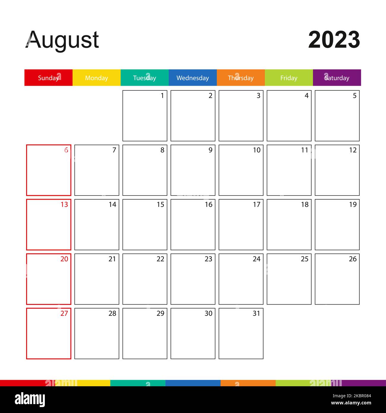 August 2023 colorful wall calendar, week starts on Sunday. 2023 Calendar template Stock Vector ...