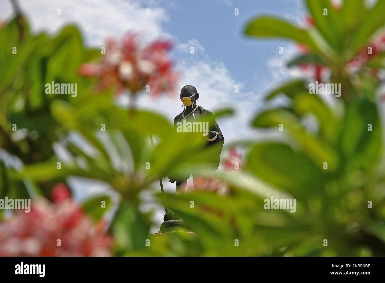 A mask is placed on a statue of Mahatma Gandhi to spread awareness ...