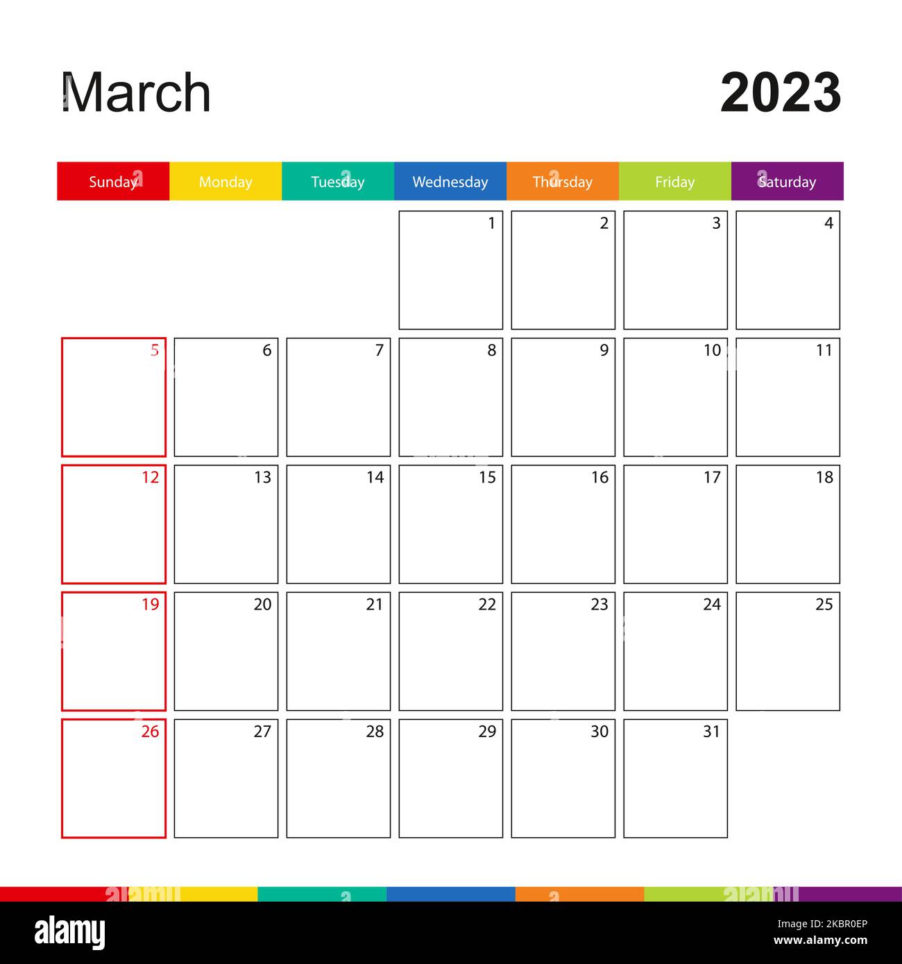 March 2023 colorful wall calendar, week starts on Sunday. 2023 Calendar ...
