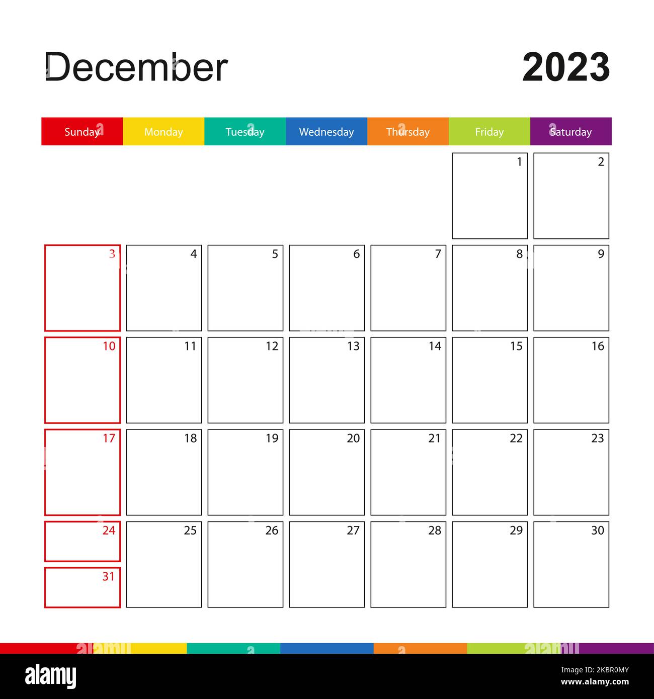 December 2023 colorful wall calendar, week starts on Sunday. 2023 ...
