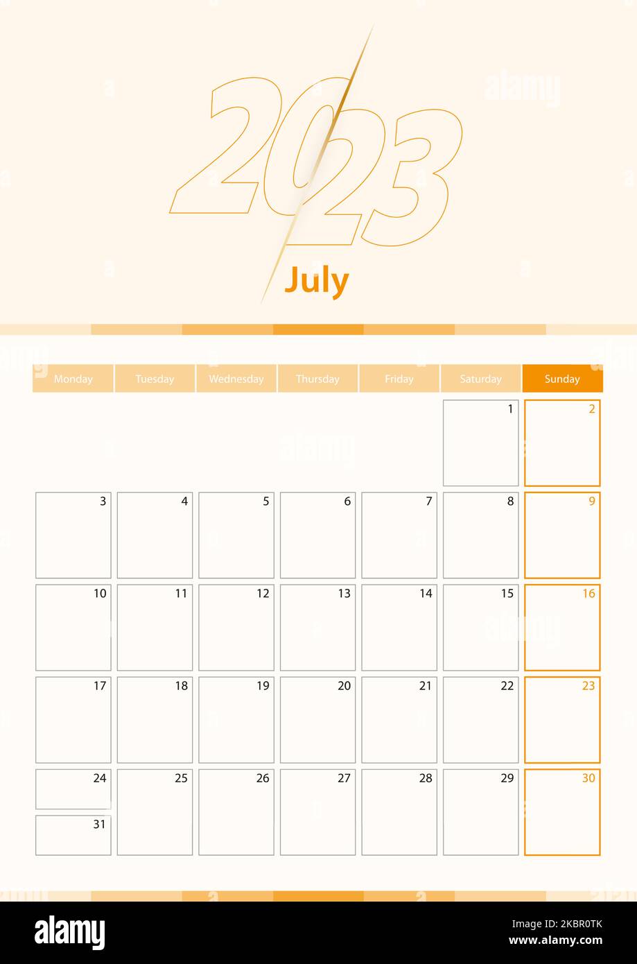 Modern vector vertical calendar sheet for July 2023, planner in English ...