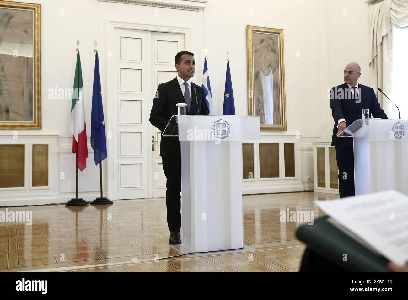 Greek Foreign Minister Nikos Dendias (R) and his Italian counterpart Luigi Di Maio during joint ...