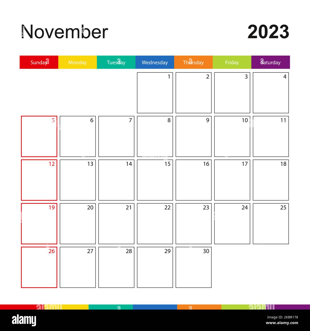 November 2023 colorful wall calendar, week starts on Sunday. 2023 ...