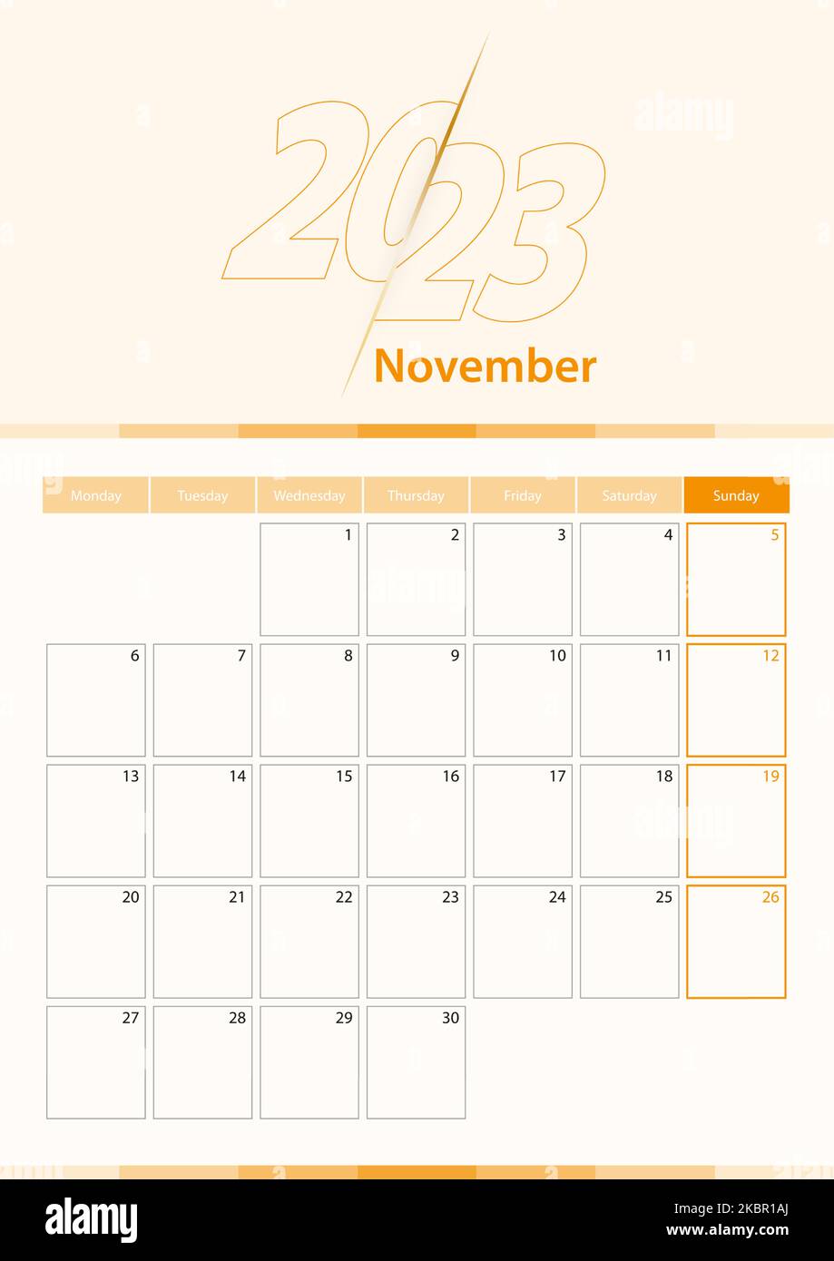 Modern vector vertical calendar sheet for November 2023, planner in ...