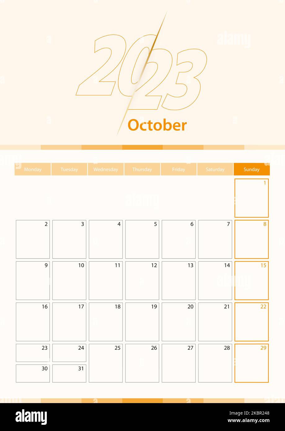 Modern vector vertical calendar sheet for October 2023, planner in ...