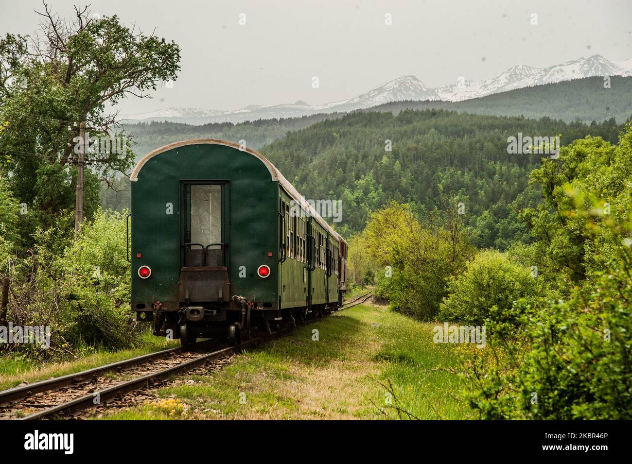 Pirin mountain is seen above the Narrow-Gauge railway. The Rhodope ...