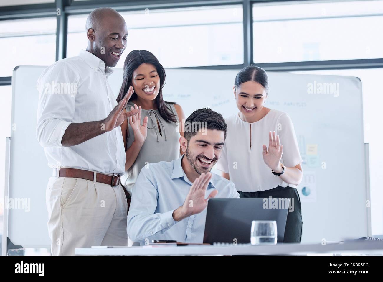 Business people wave, laptop video call and online meeting presentation ...