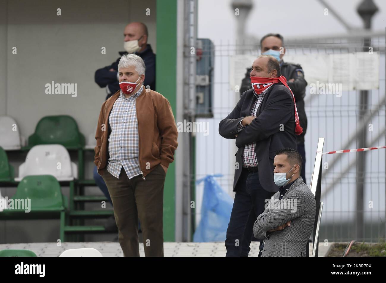 Laszlo Dioszegi owner of Sepsi OSK and Atilla Hadnagy watch the game ...