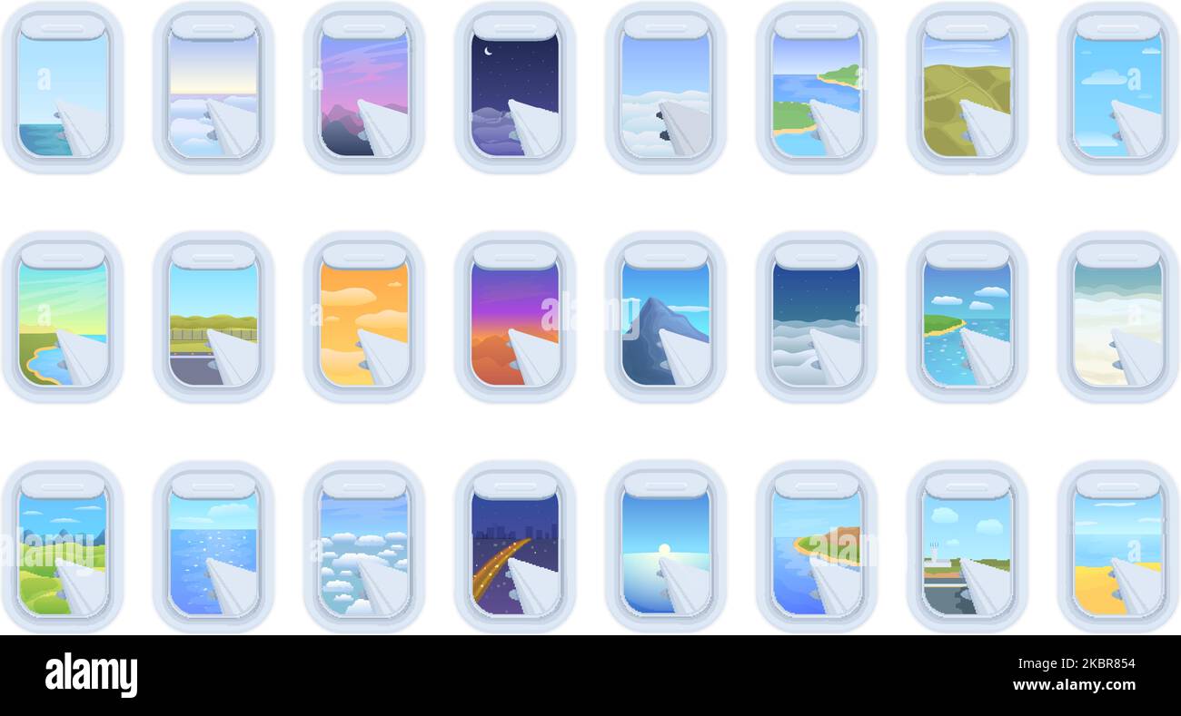 Airplane window icons set cartoon vector. Plane flight. Air travel ...