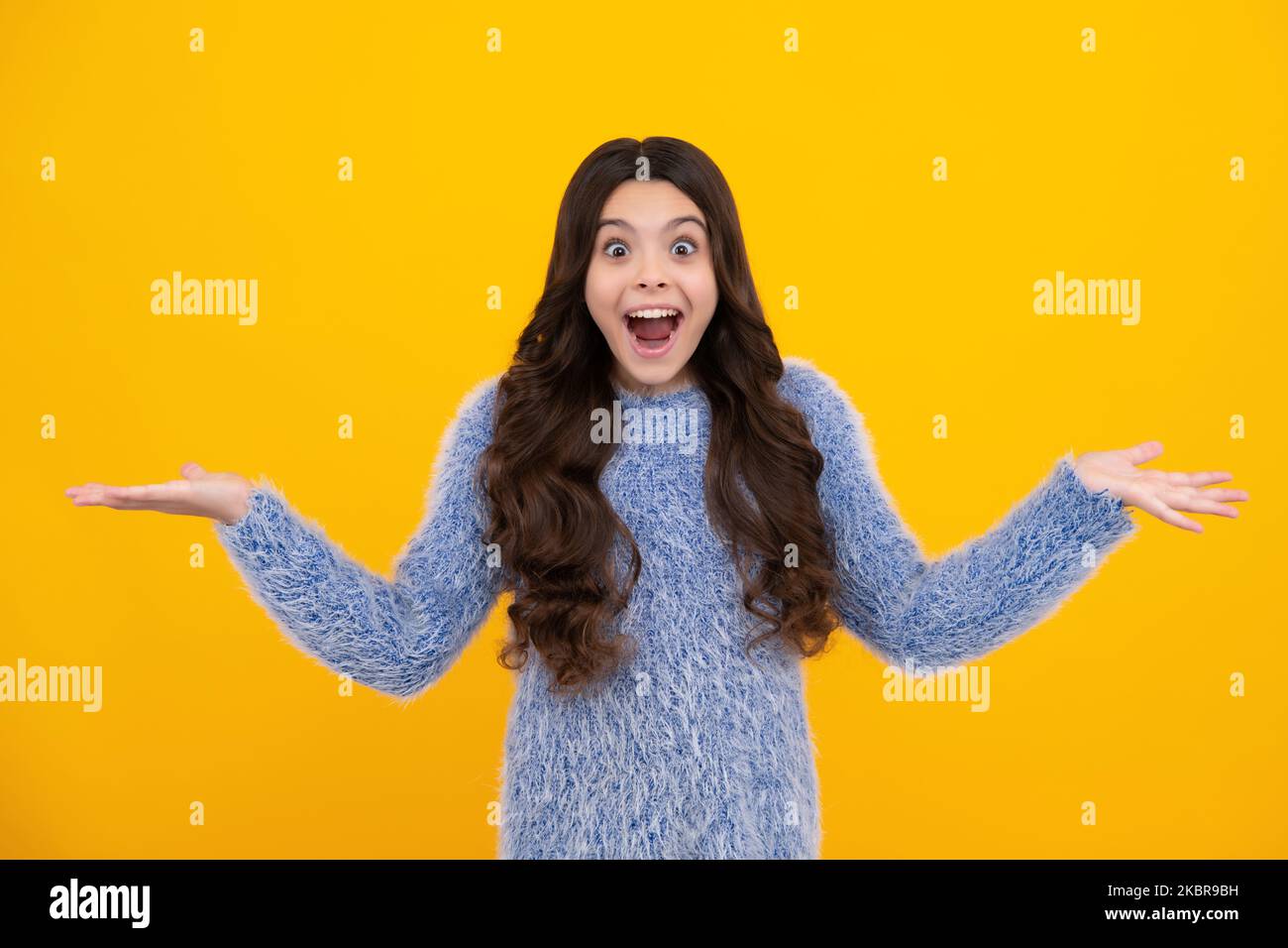 Portrait of joyful teen girl with raised hands. Caucasian teenager ...