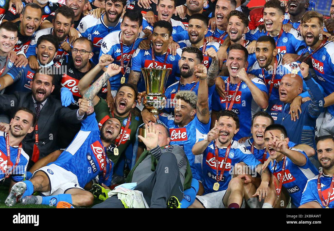 Napoli players celebrate with the trophy during the Coca Cola Italian ...