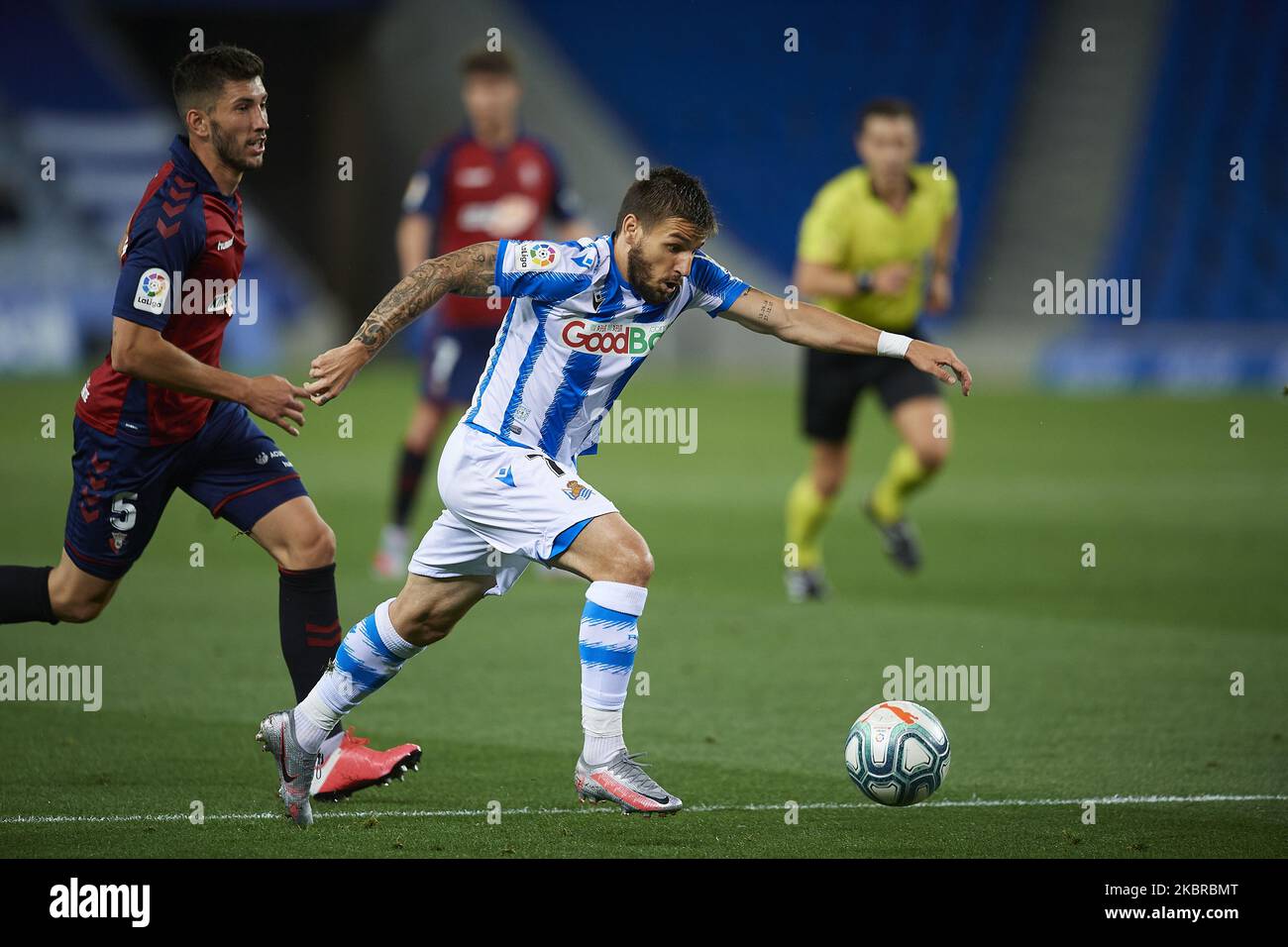 Portu of Real Sociedad shooting to goal during the Liga match between ...