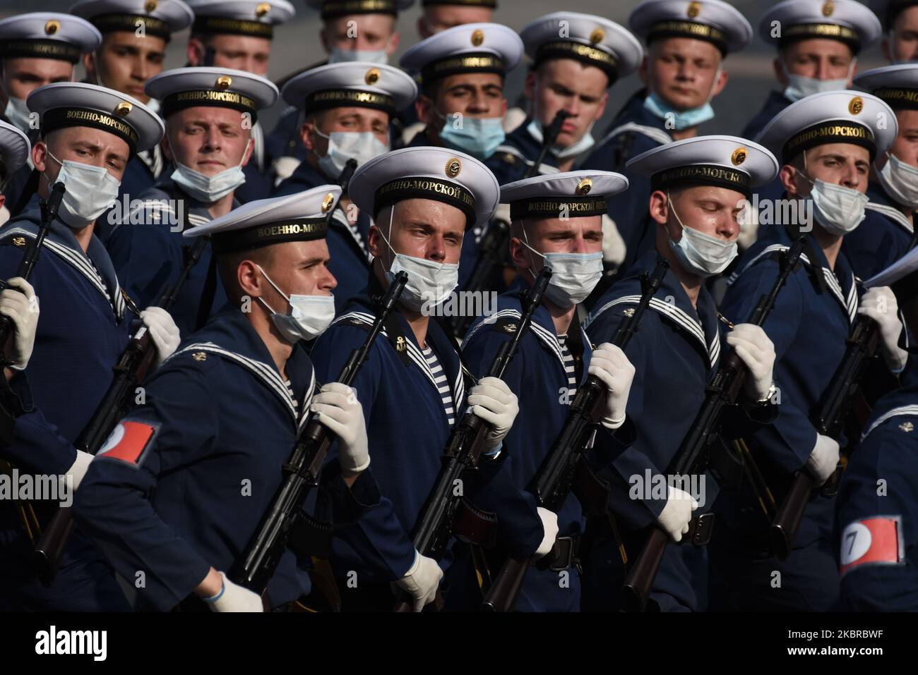 Servicemen march in formation during a rehearsal of the Victory Day ...