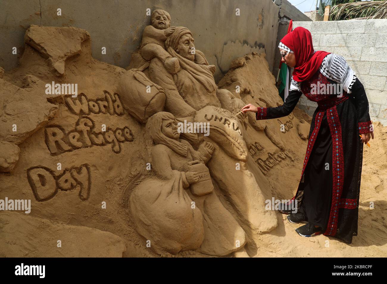 Palestinian sand sculptor Rana Ramlawi finishes a new artwork creation ...