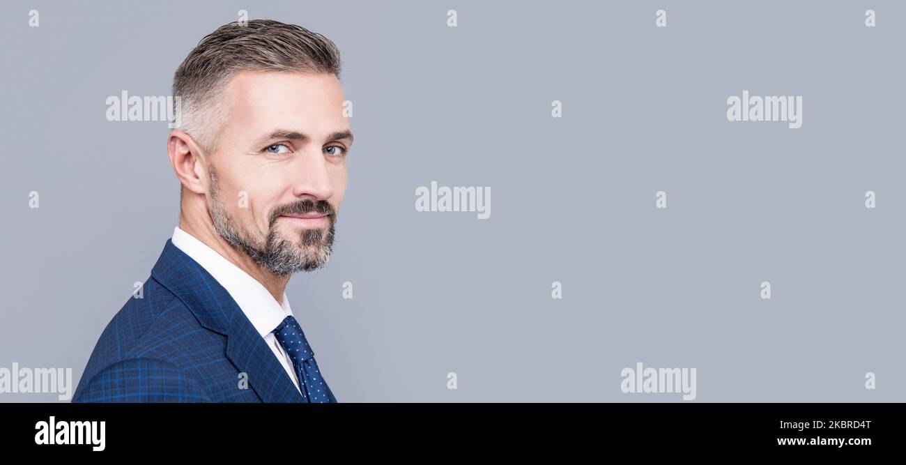 Man face portrait, banner with copy space. mature ambitious man ...