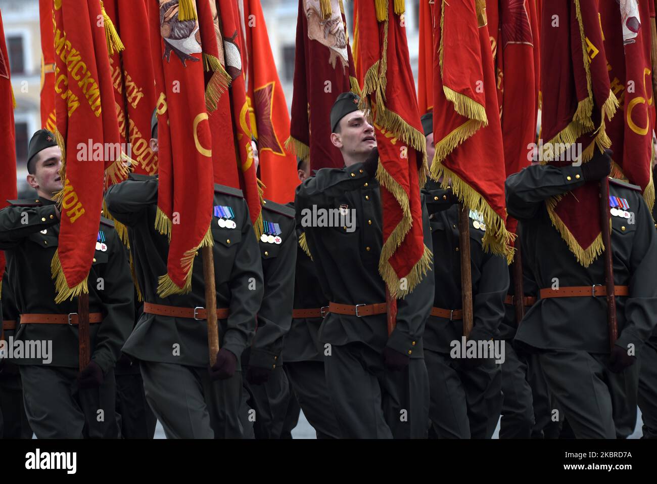 Servicemen march in formation during a general rehearsal of the Victory ...