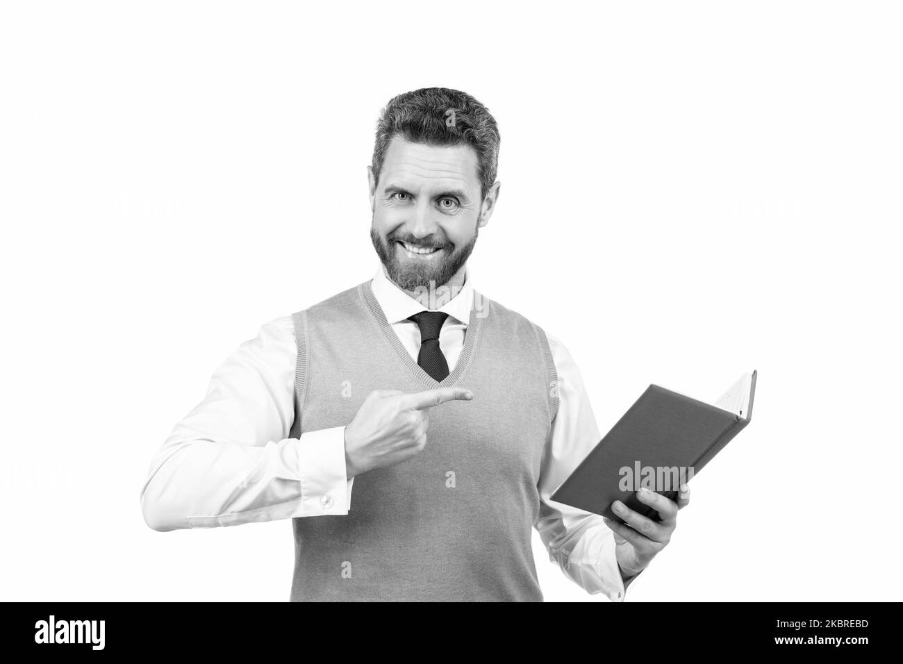 happy businessman pointing finger on book isolated on white background ...