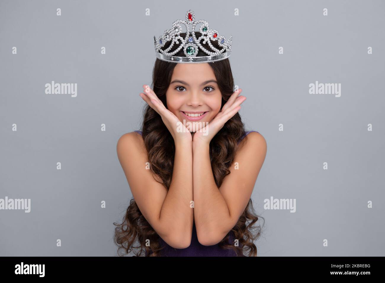 Girls party, funny kid in crown. Child queen wear diadem tiara. Cute ...