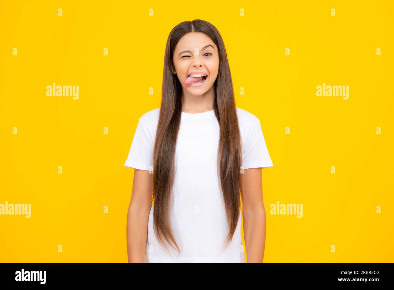 Funny kids face. Portrait of silly teenager child girl smiling and ...