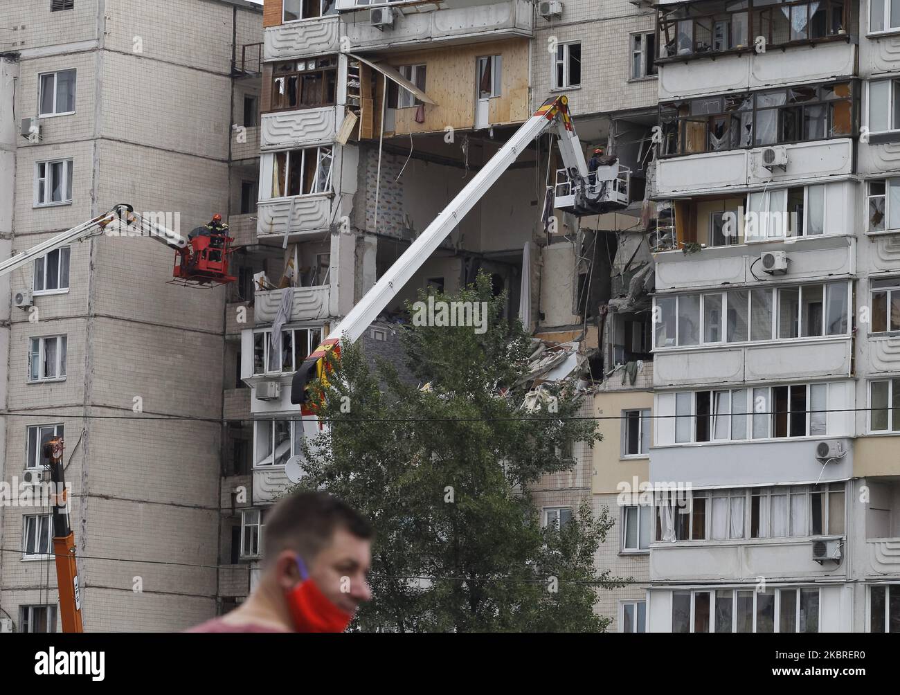A general view of damaged multistory apartment building after a ...