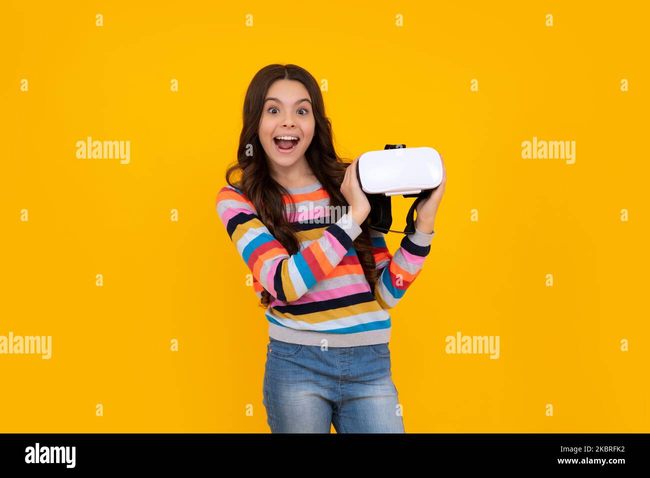 Teen girl wearing virtual reality goggles headset, vr. Connection ...