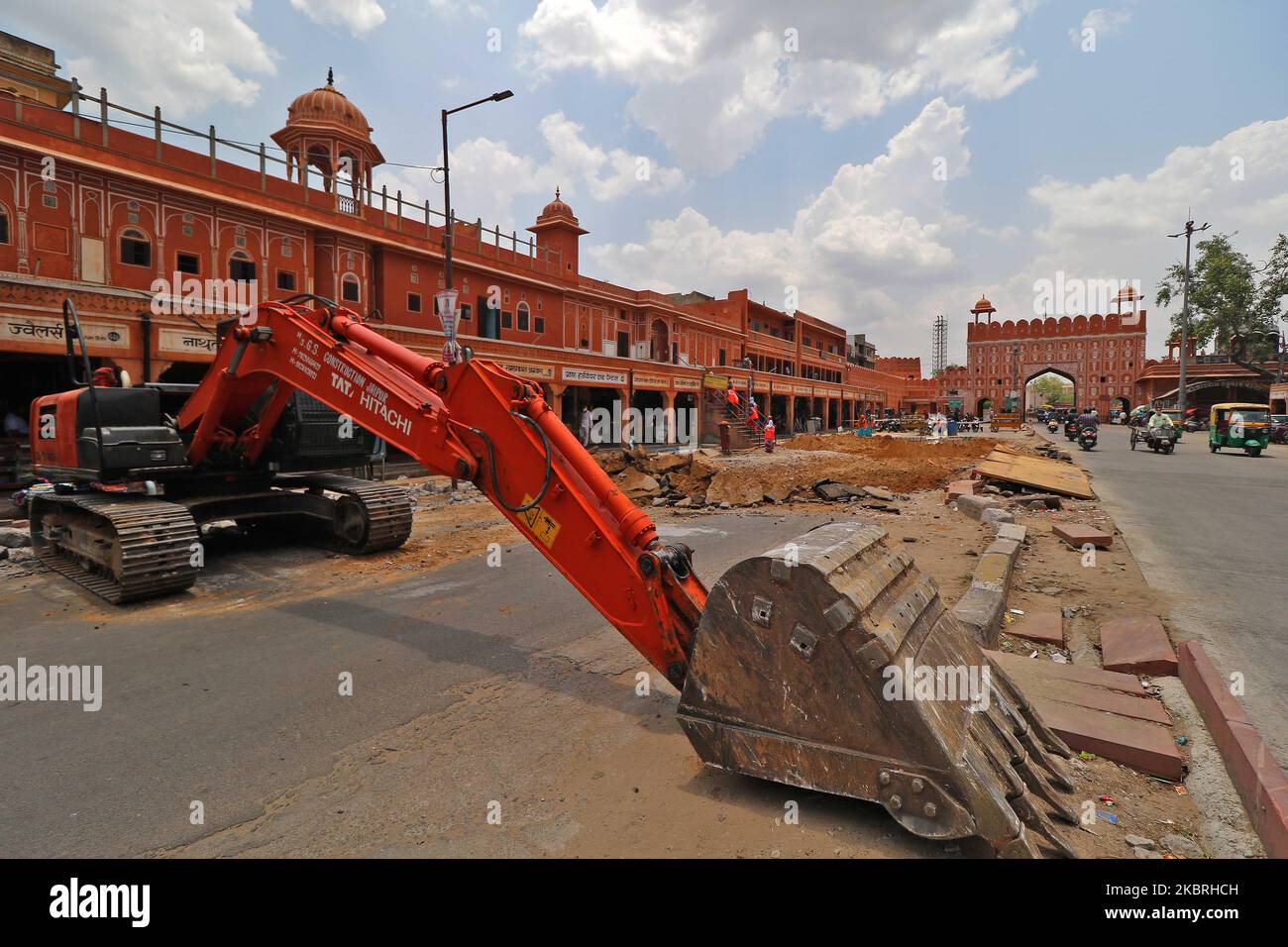 Labourers work under the Smart City Project on Chandpole Bazar road, at ...