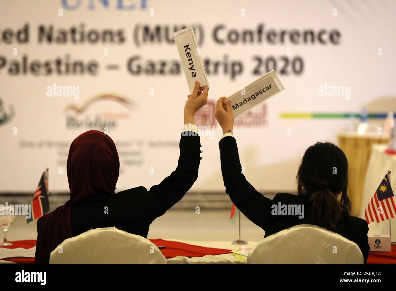 Palestinian students wear protective face masks during Model United ...