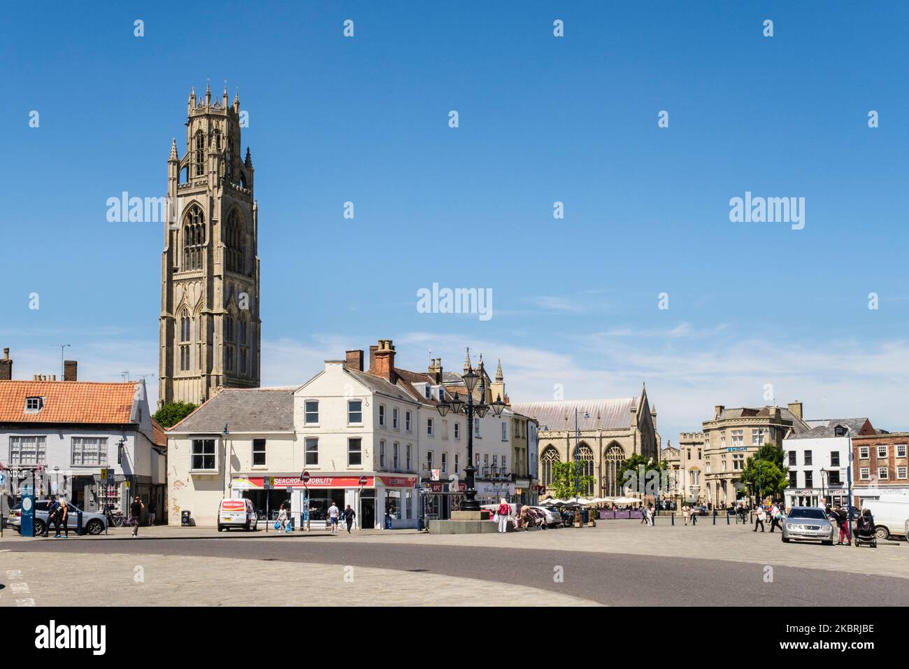 The Boston Stump towers over the town centre pedestrianised square ...