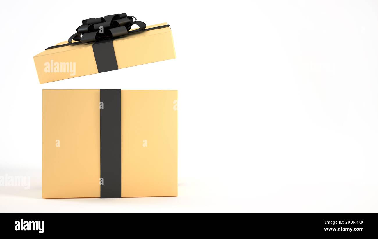 Open yellow gold gift box with black ribbon and bow isolated on white ...