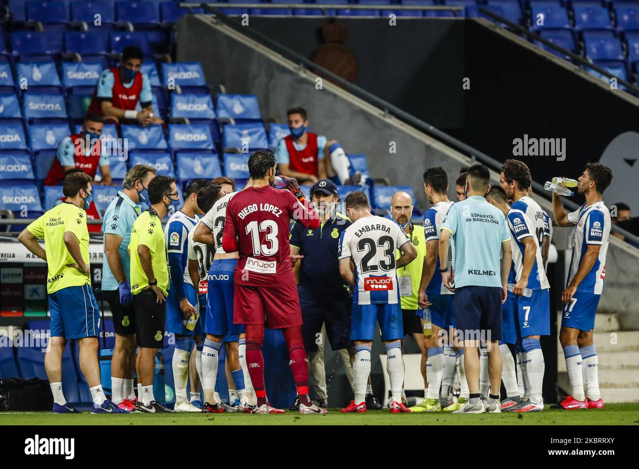 Rufete coach of RCD Espanyol talking to his players during La Liga ...